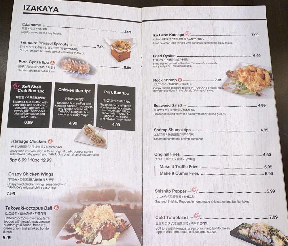 Menu at Tanaka Ramen & Izakaya restaurant, Honolulu