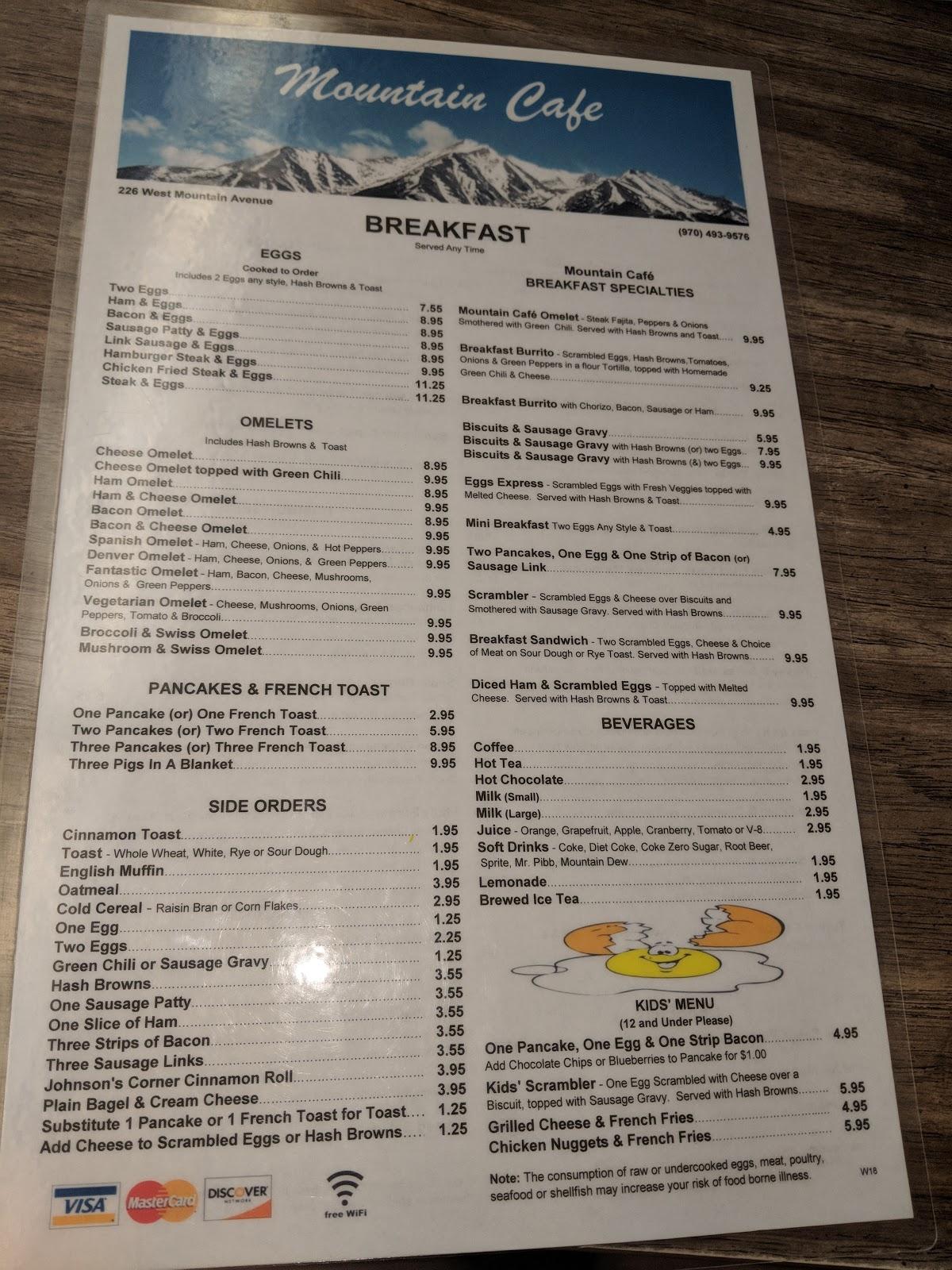 Menu at The Mountain Cafe, Fort Collins