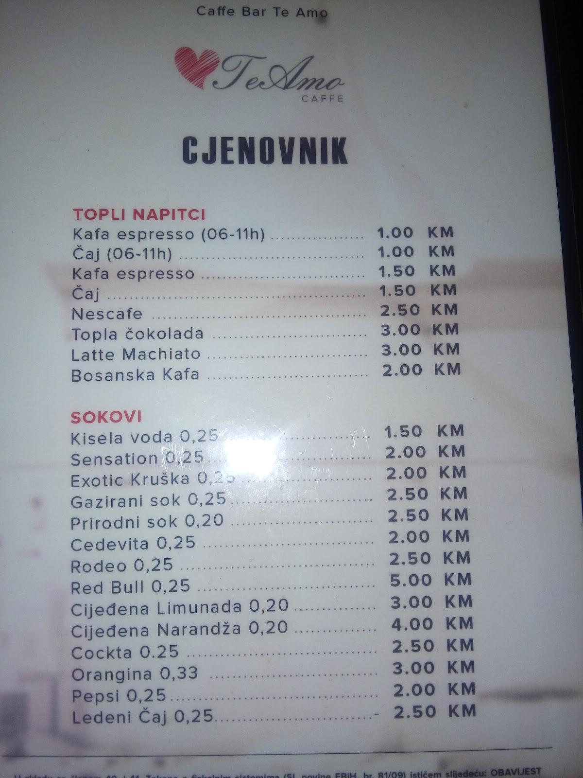 Menu at Caffe Bar Te Amo, Sarajevo