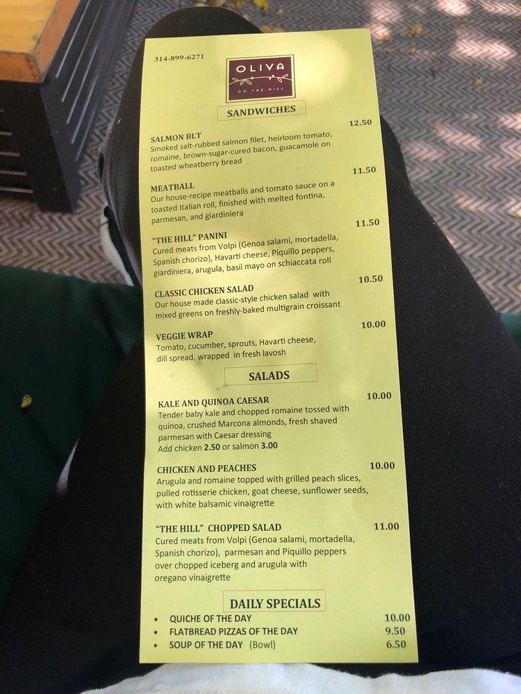 Menu at Oliva on the Hill restaurant, St. Louis