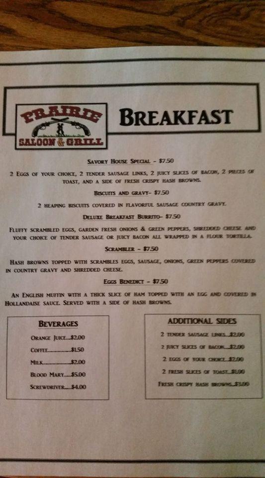 Menu at Prairie Saloon & Grill pub & bar, Kasota