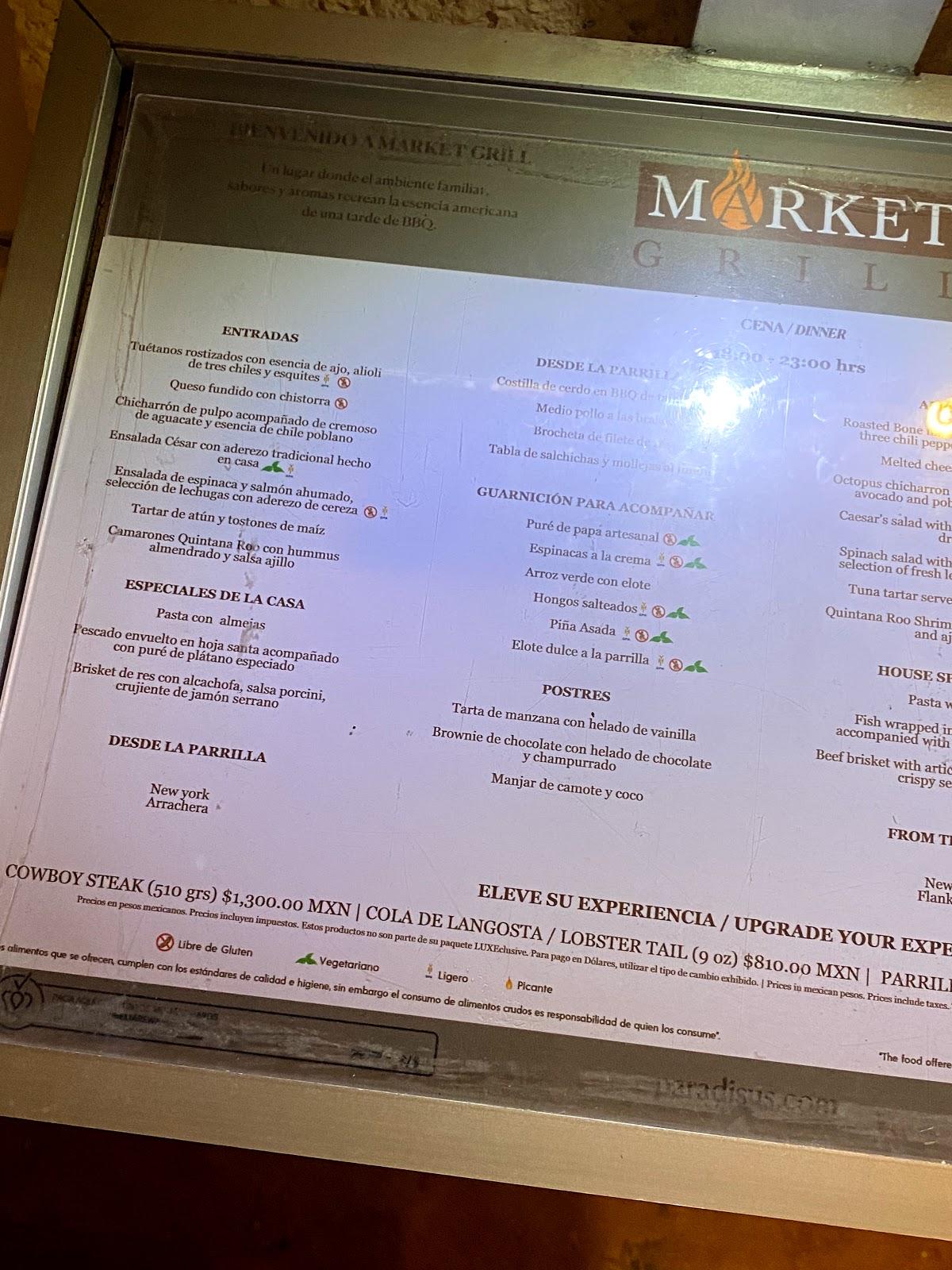 Menu at The Market restaurant, Playa del Carmen, Paradisus Esmeralda