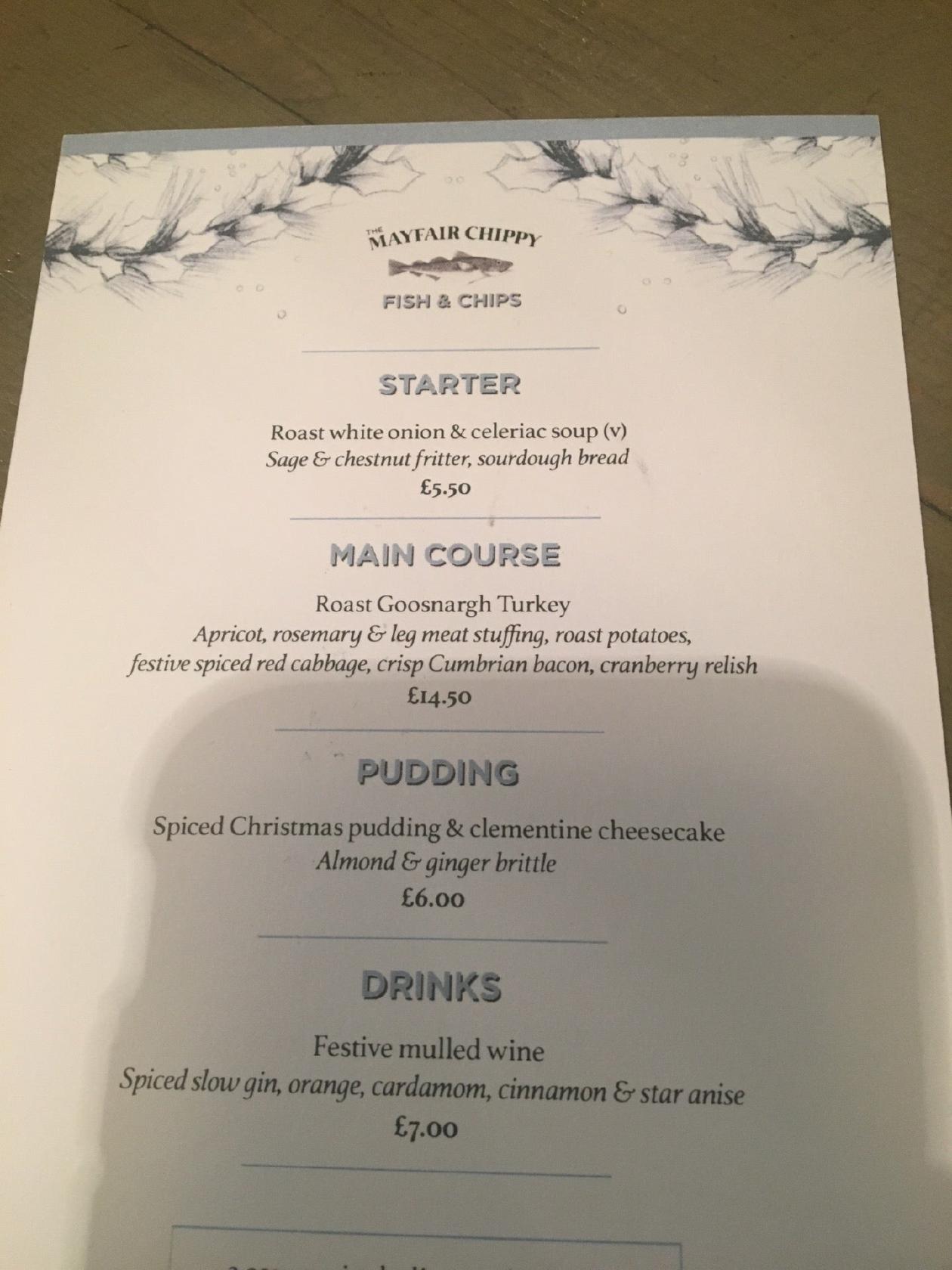Menu at The Mayfair Chippy restaurant, London, 14 N Audley St