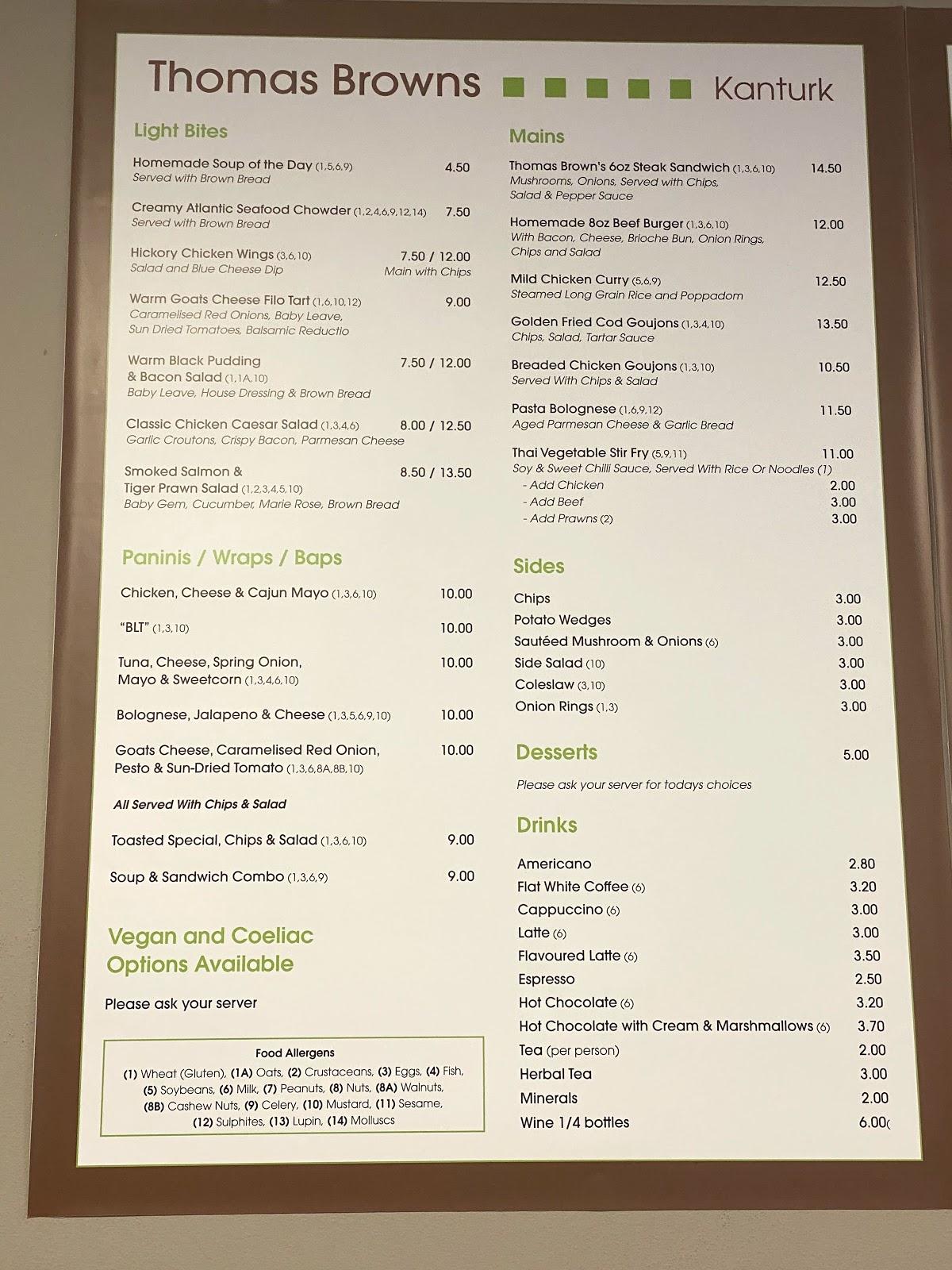 Menu at Thomas Browns Restaurant, Kanturk