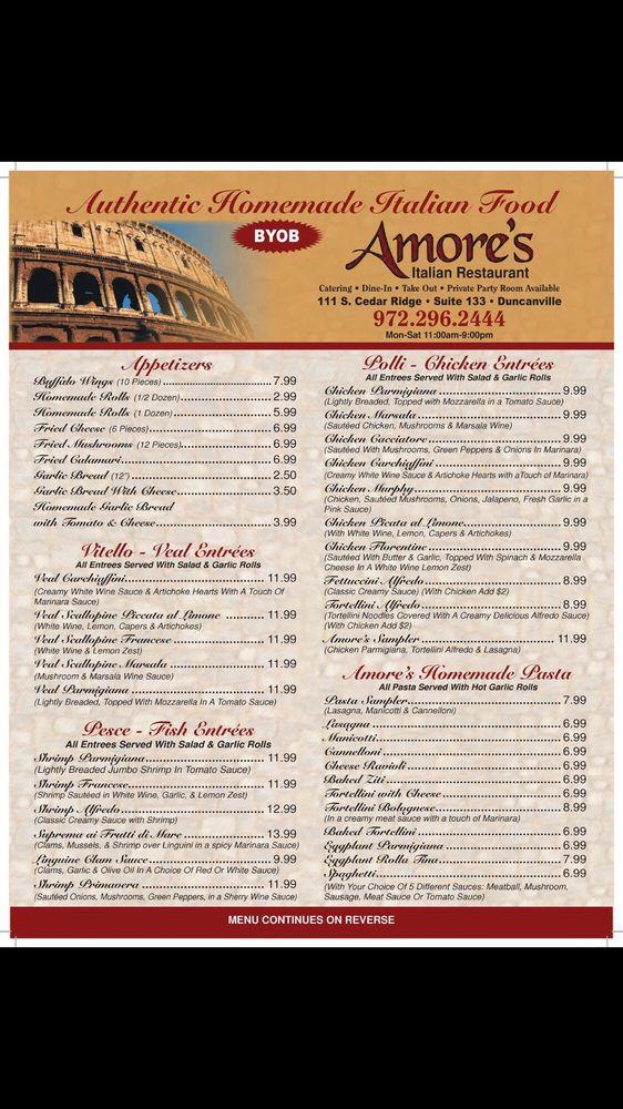 Menu at Amore's Italian Restaurant, Duncanville