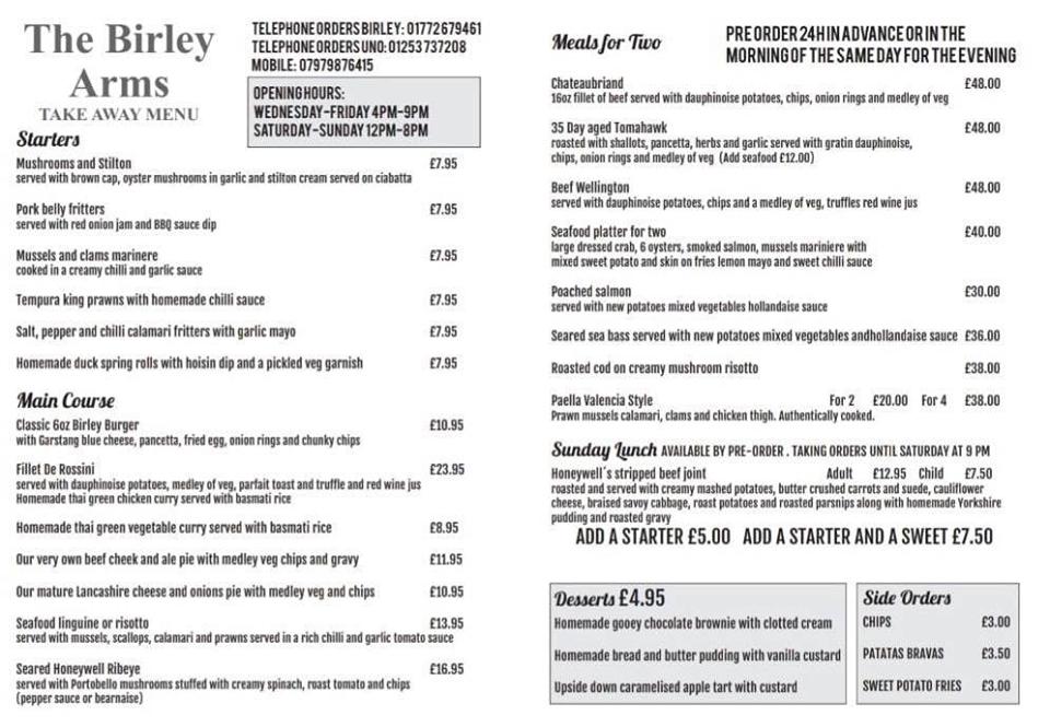 Menu at Birley arms pub & bar, Freckleton