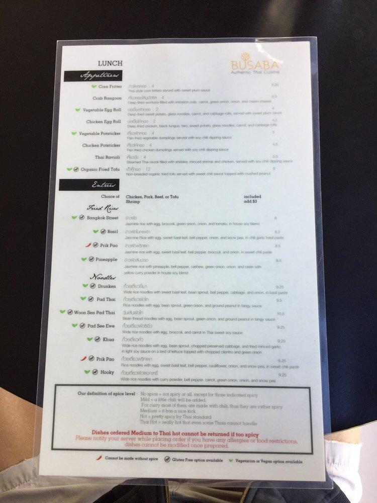 Menu at Busaba restaurant, Louisville