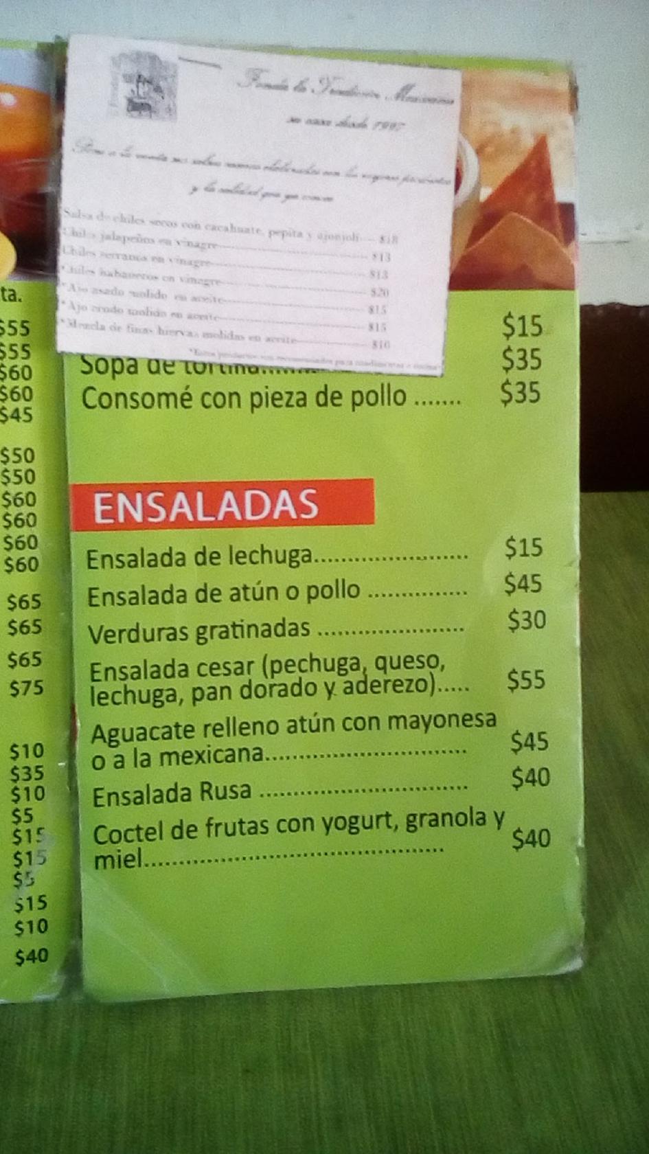 Menu at Fonda La Tradición Mexicana restaurant, Mexico City