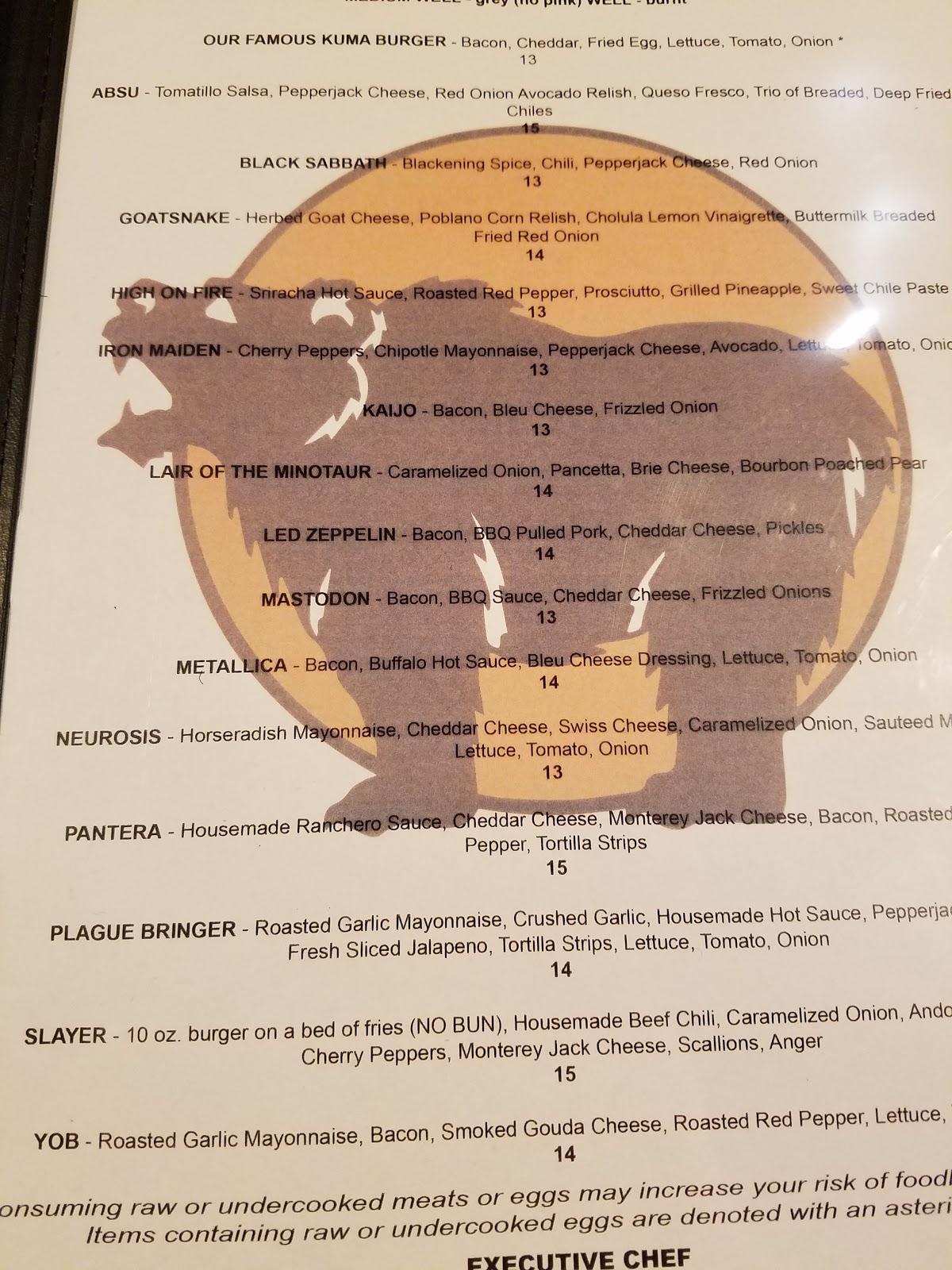 Menu at Kuma's Corner restaurant, Indianapolis
