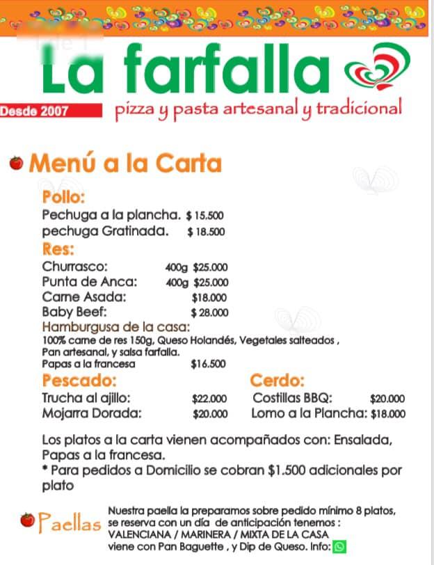 Menu at La Farfalla restaurant, Bogotá, Carrera 14B # 160-21 LC 7