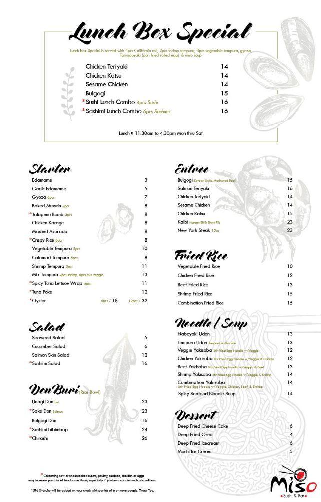 Menu at MISO Japanese sushi & bar, Anchorage