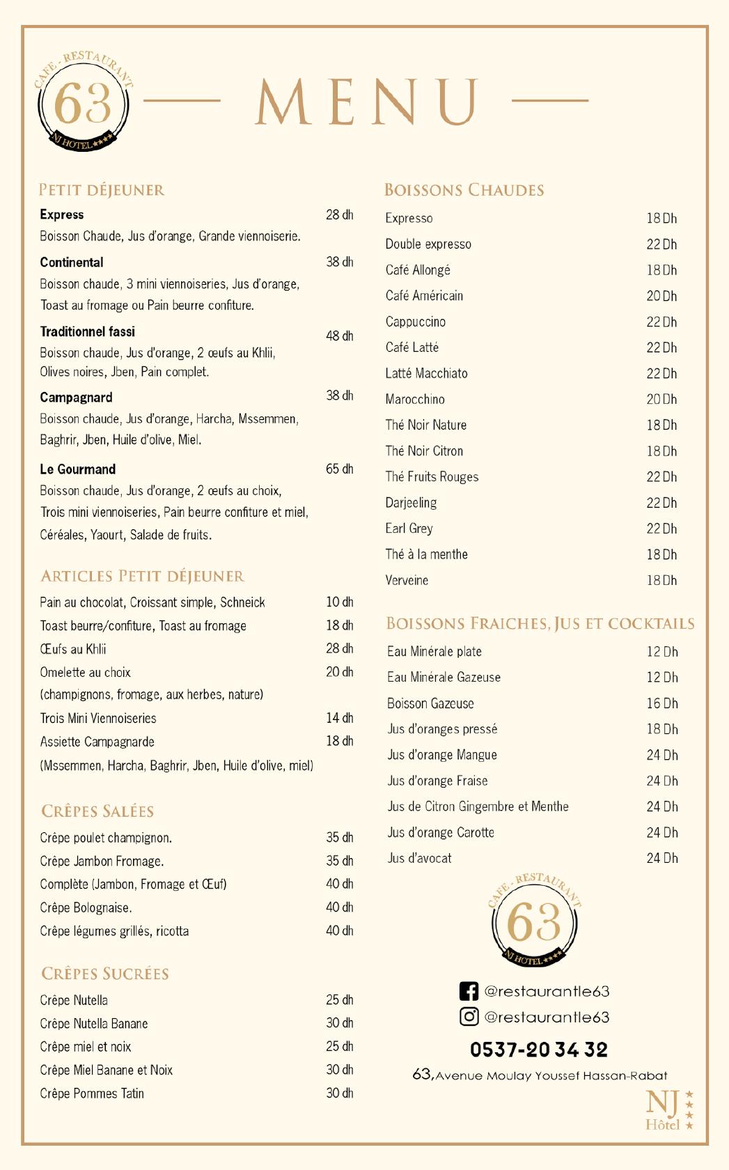 Menu at NJ Hotel Rabat restaurant, Rabat