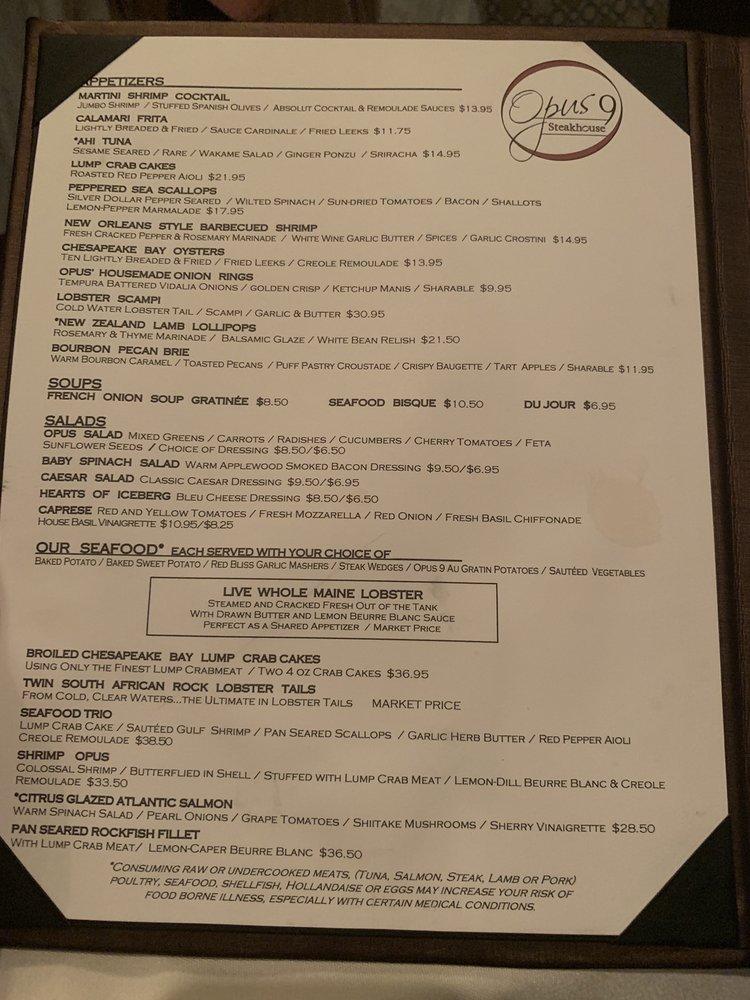 Menu at Opus 9 Steakhouse, Williamsburg