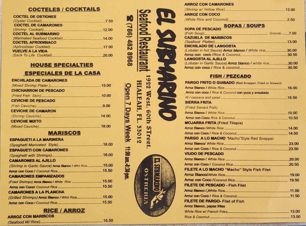 Menu at Ostreria El Submarino restaurant, Hialeah