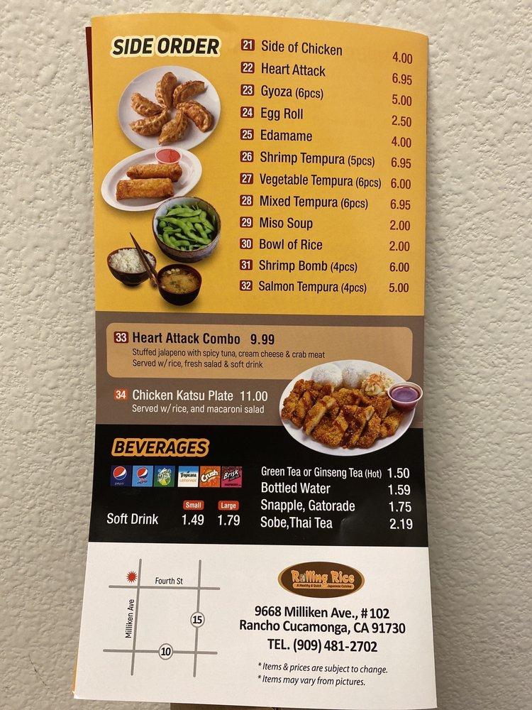 Menu at Rolling Rice restaurant, Rancho Cucamonga, Milliken Ave