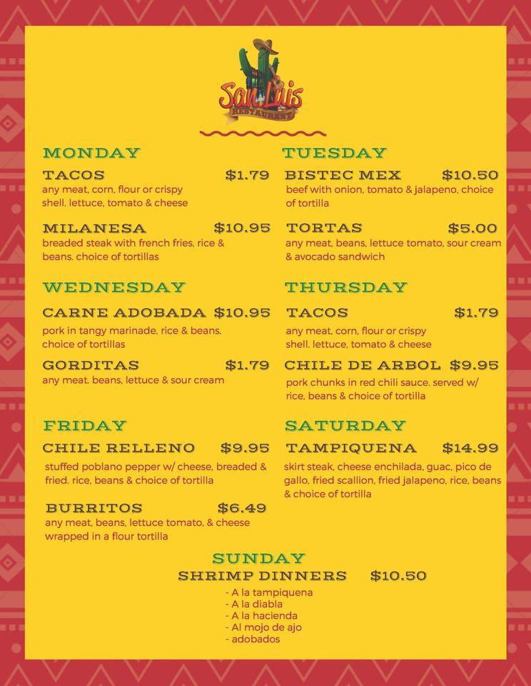 Menu at San Luis restaurant, Whiting