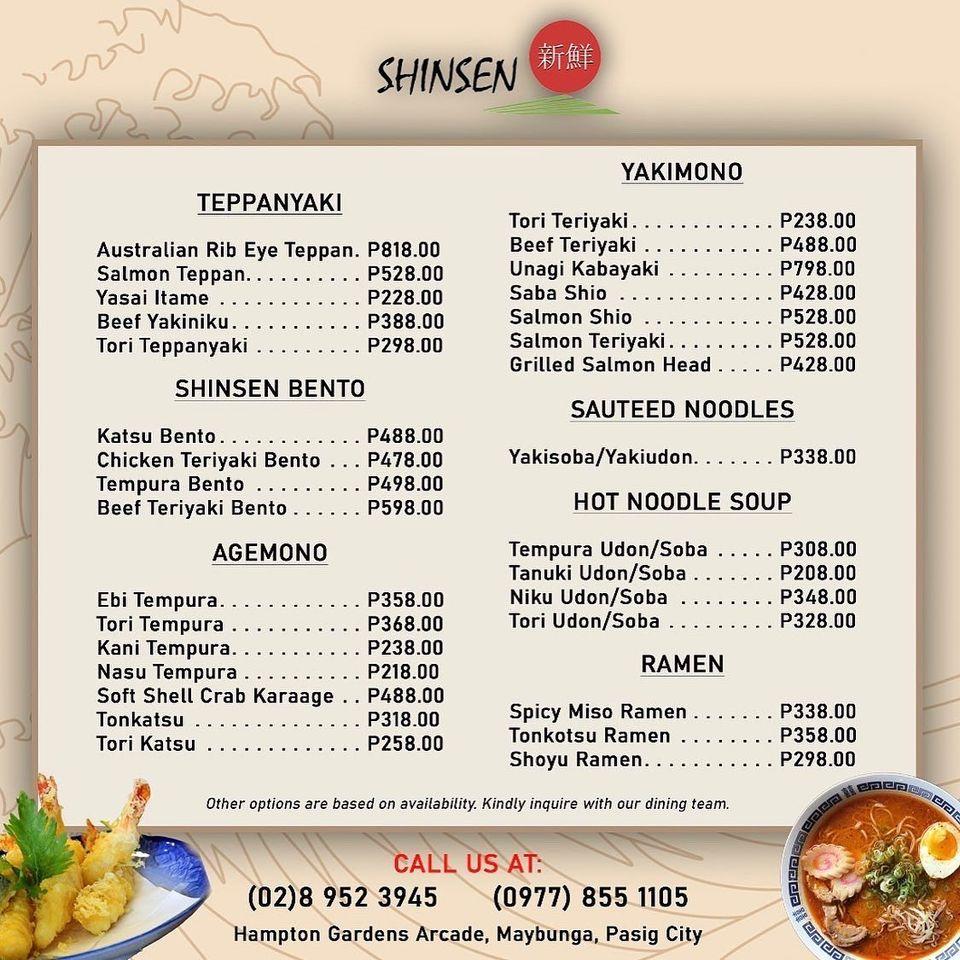 Menu at Shinsen Sushi Bar and Restaurant, Pasig, Units 202-203 100 ...