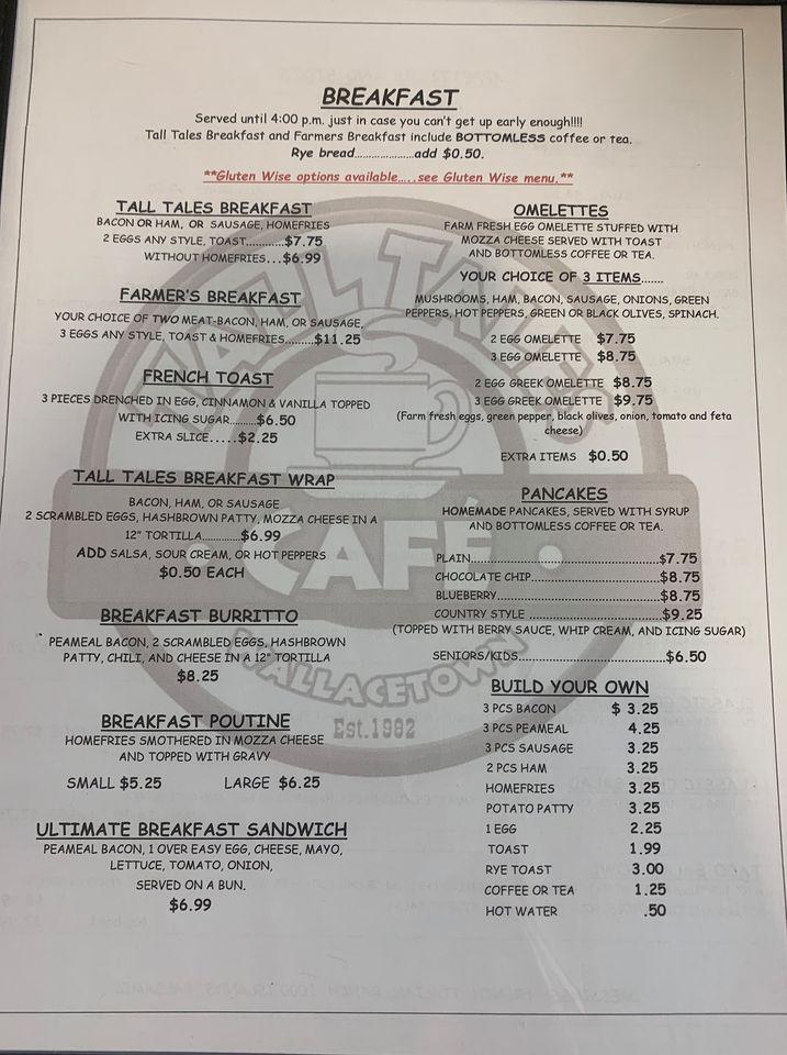 Menu at Tall Tales Cafe, Canada