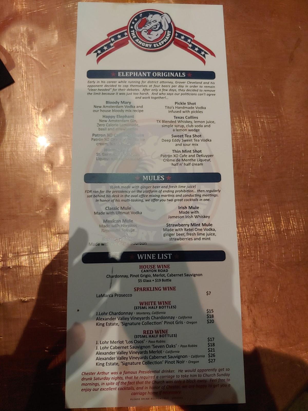 Menu at The Angry Elephant pub & bar, San Antonio, US-281 #107