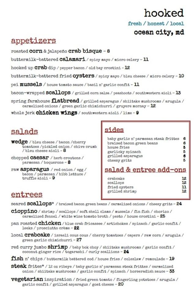 Menu at Hooked restaurant, Ocean City