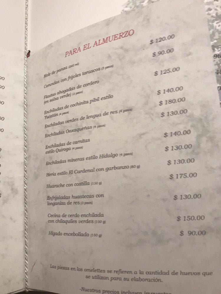 Carta del restaurante El Cardenal del San Ángel, Ciudad del México, Av ...