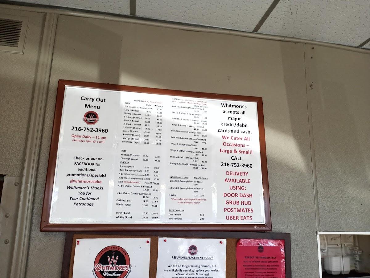 Menu at Whitmore's Bar-B-Q, Warrensville Heights, Harvard Ave