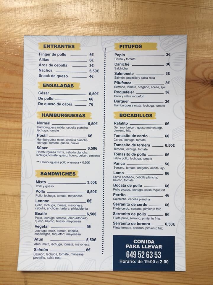 Menu at BeatlesBar, Marbella