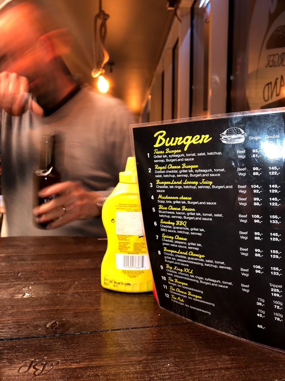 Menu at Burgerland restaurant, Drammen