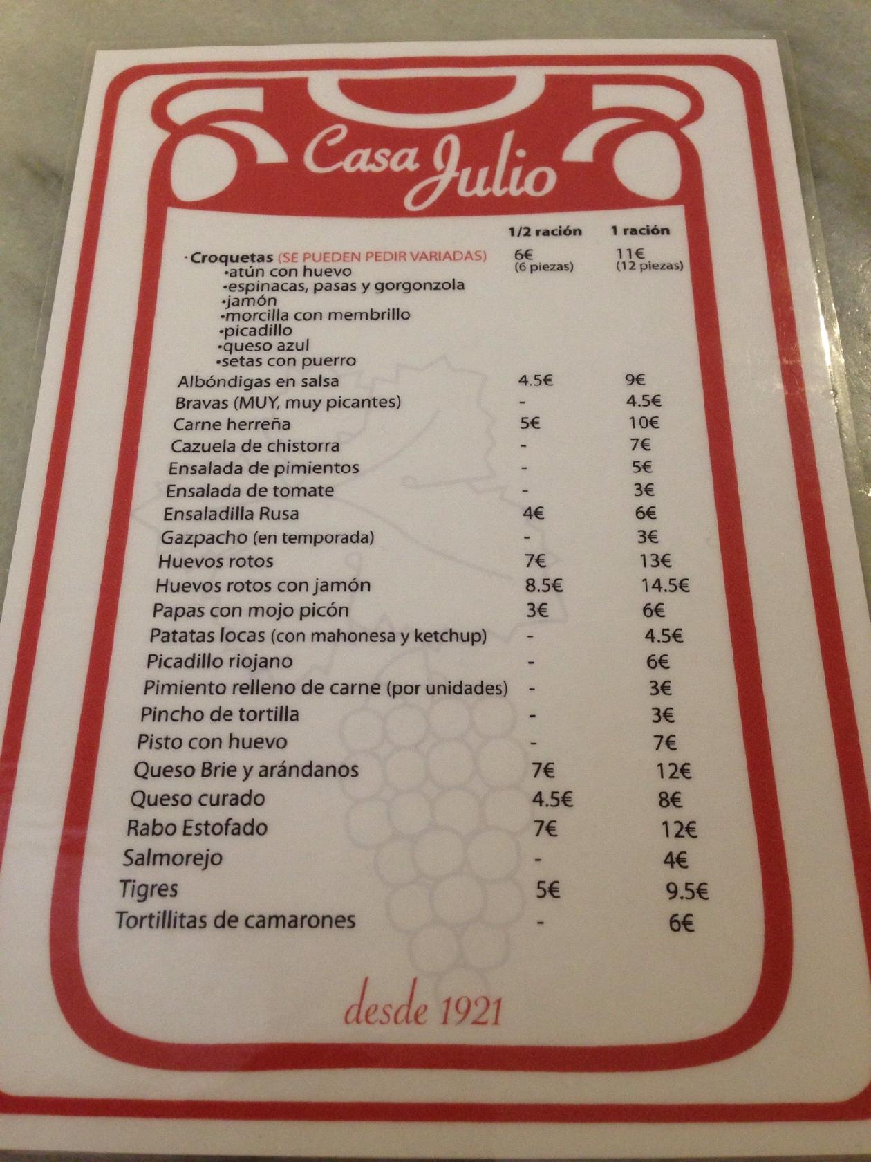 Menu at Casa Julio pub & bar, Madrid, C. de la Madera