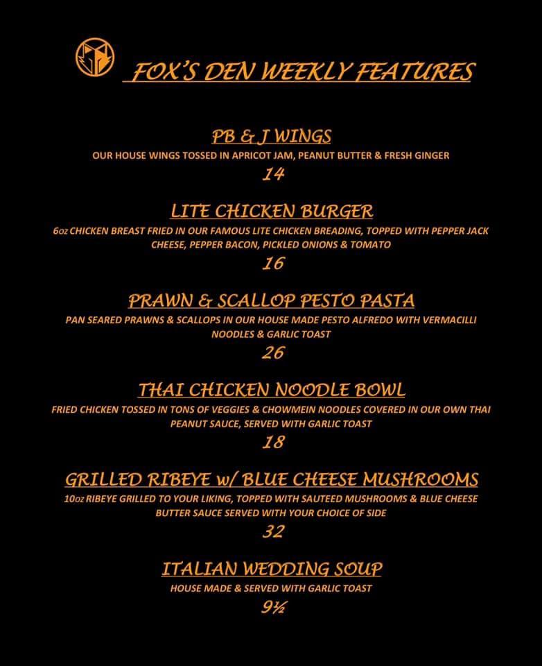 Menu at Fox's Den Bar & Grill, Williams Lake