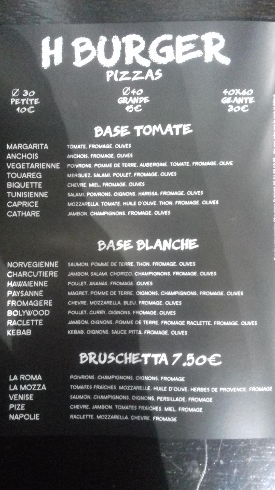 Menu au H Burger restaurant, Mirepoix, 13 Rue Gouverneur Laprade