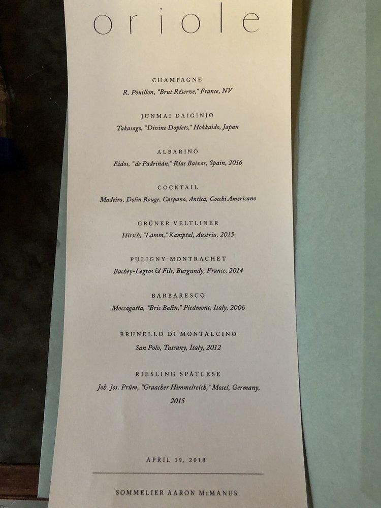 Menu at Oriole restaurant, Chicago