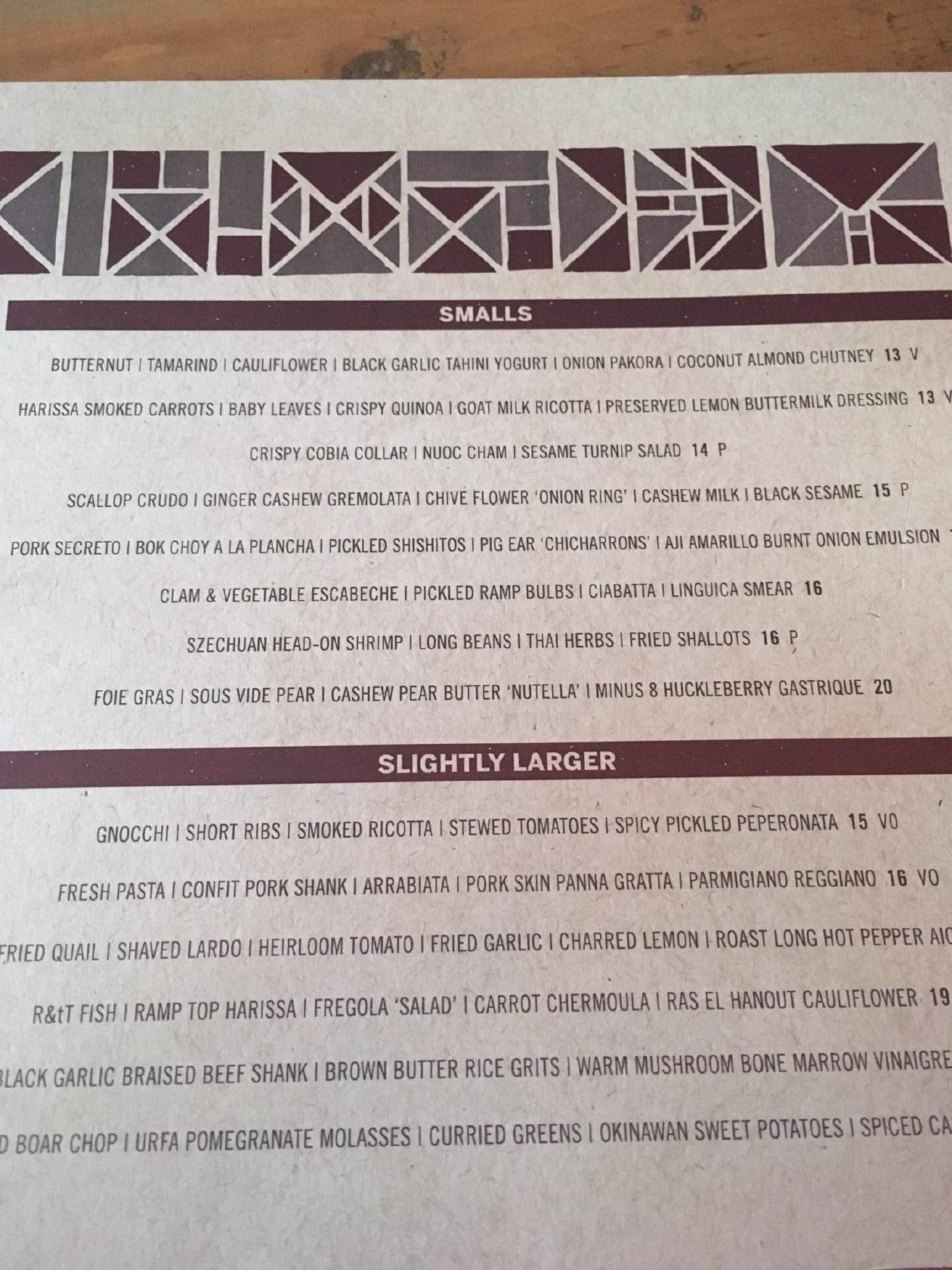 Menu at Rooster & the Till restaurant, Tampa