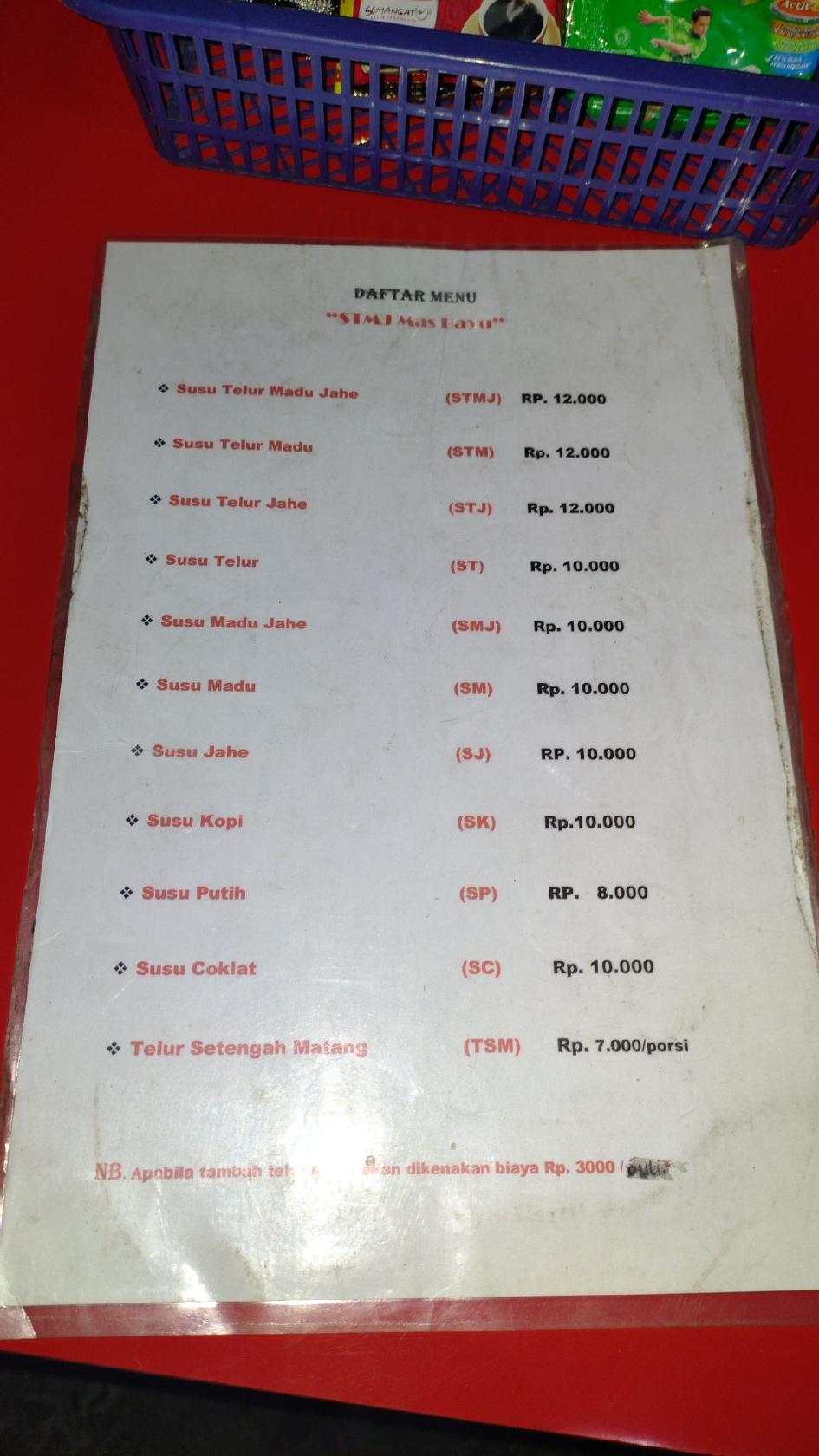 Menu at STMJ Mas Bayu cafe, Mojokerto