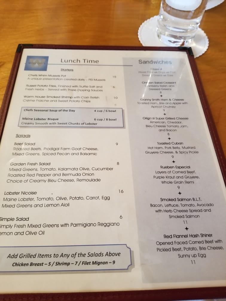 Menu at Wolcott's restaurant, Southern Pines