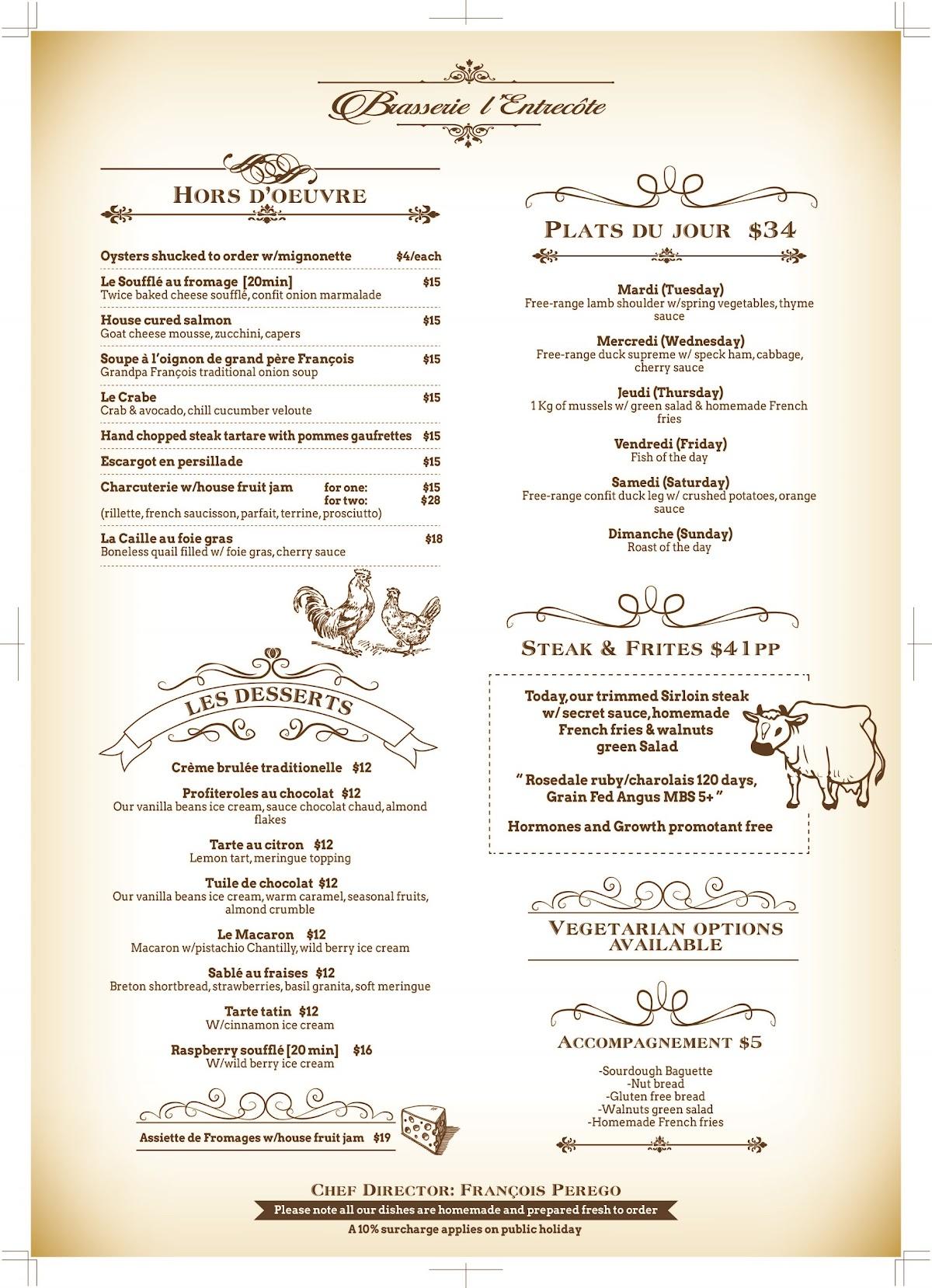Menu at Brasserie L'Entrecôte restaurant, Pymble