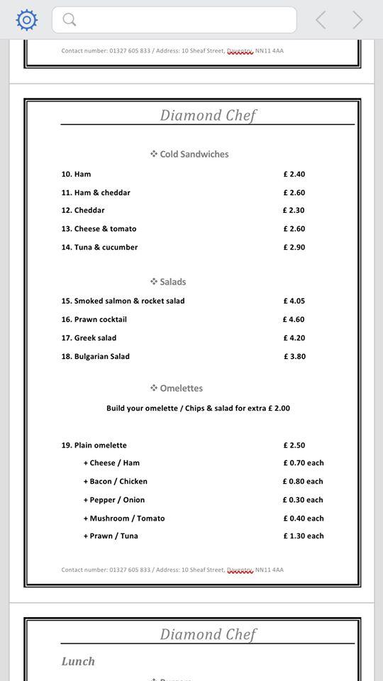 Menu at Diamond Chef restaurant, Daventry