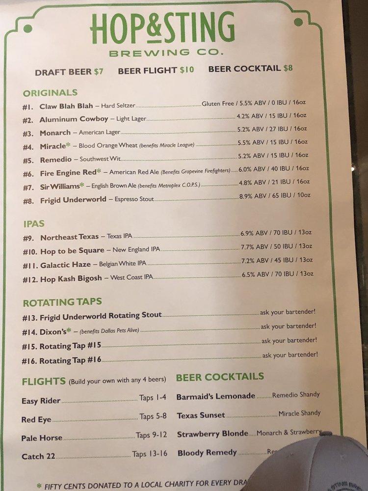 Menu at Hop and Sting Brewing Company restaurant, Grapevine, 906 Jean St