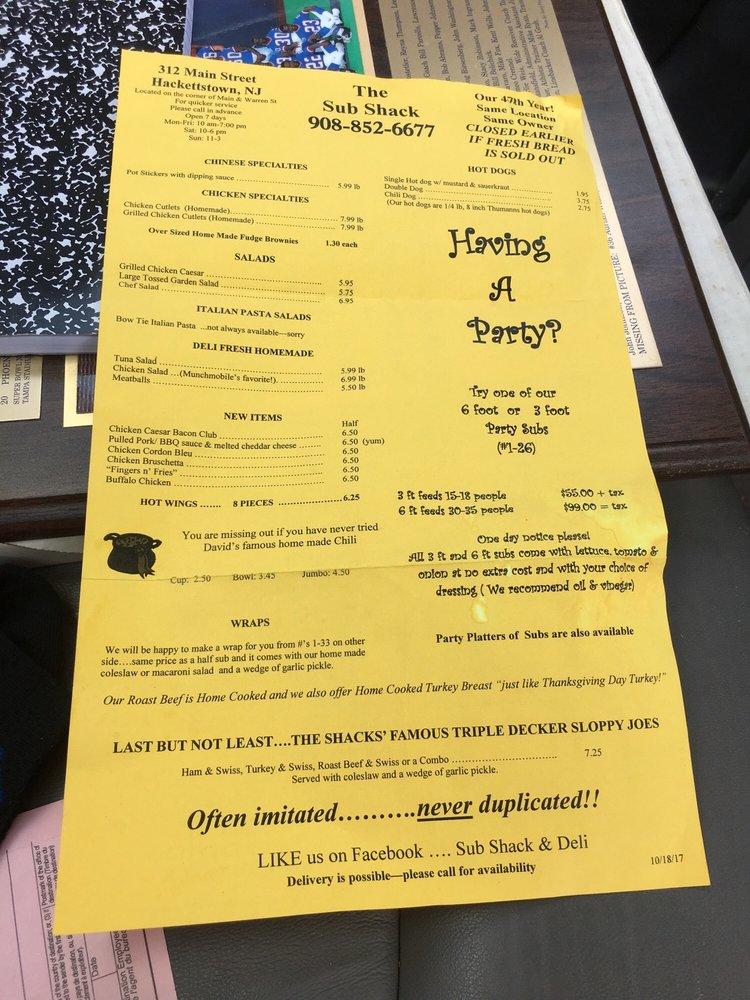 Menu at Sub Shack & Deli restaurant, Hackettstown