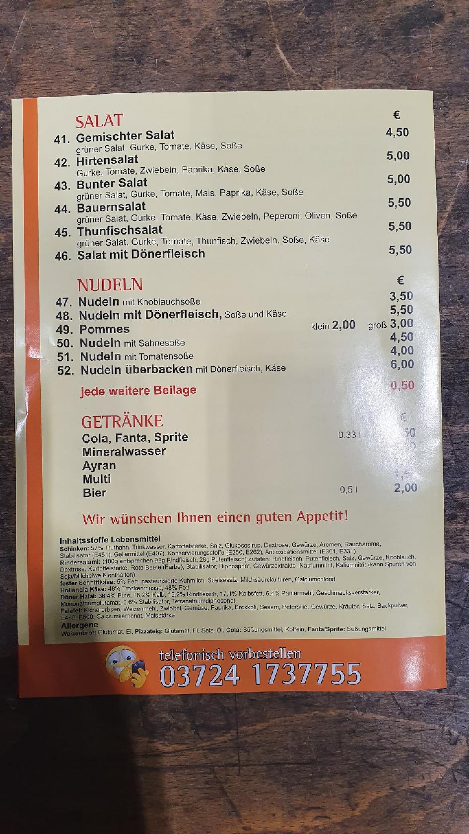 Menu au Zum Oz, Burgstädt