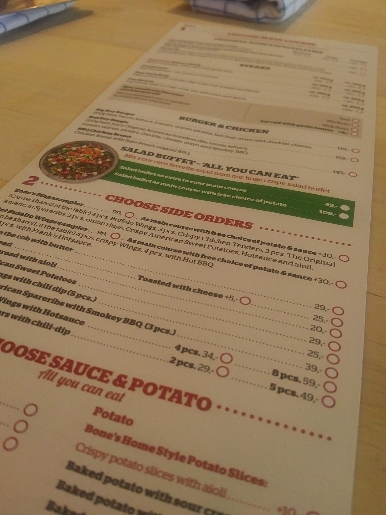 Menu at Bone's Viborg restaurant, Viborg