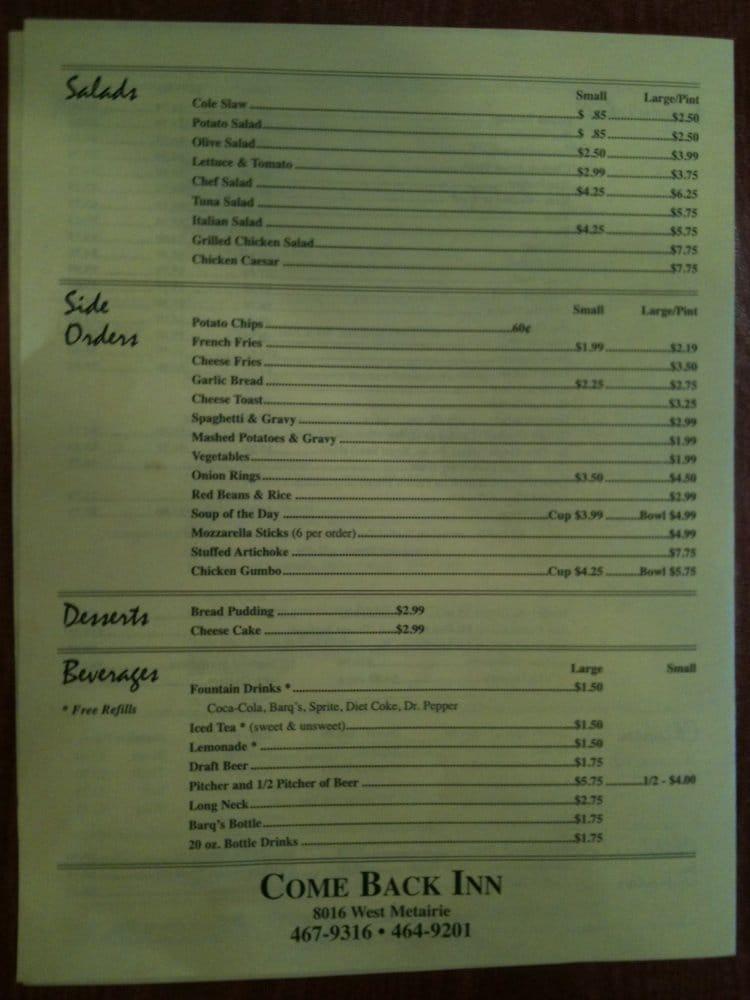Menu at Come Back Inn restaurant, Metairie, W Metairie Ave