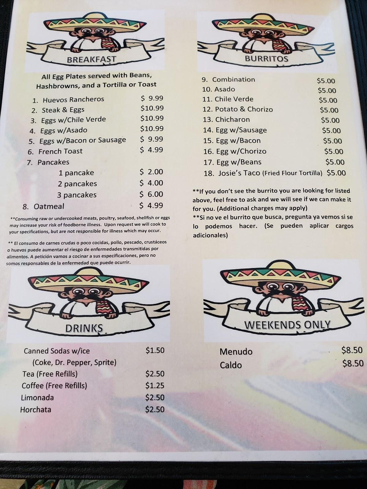 Menu at El Mexicano restaurant, Monahans, 201 N Main Ave