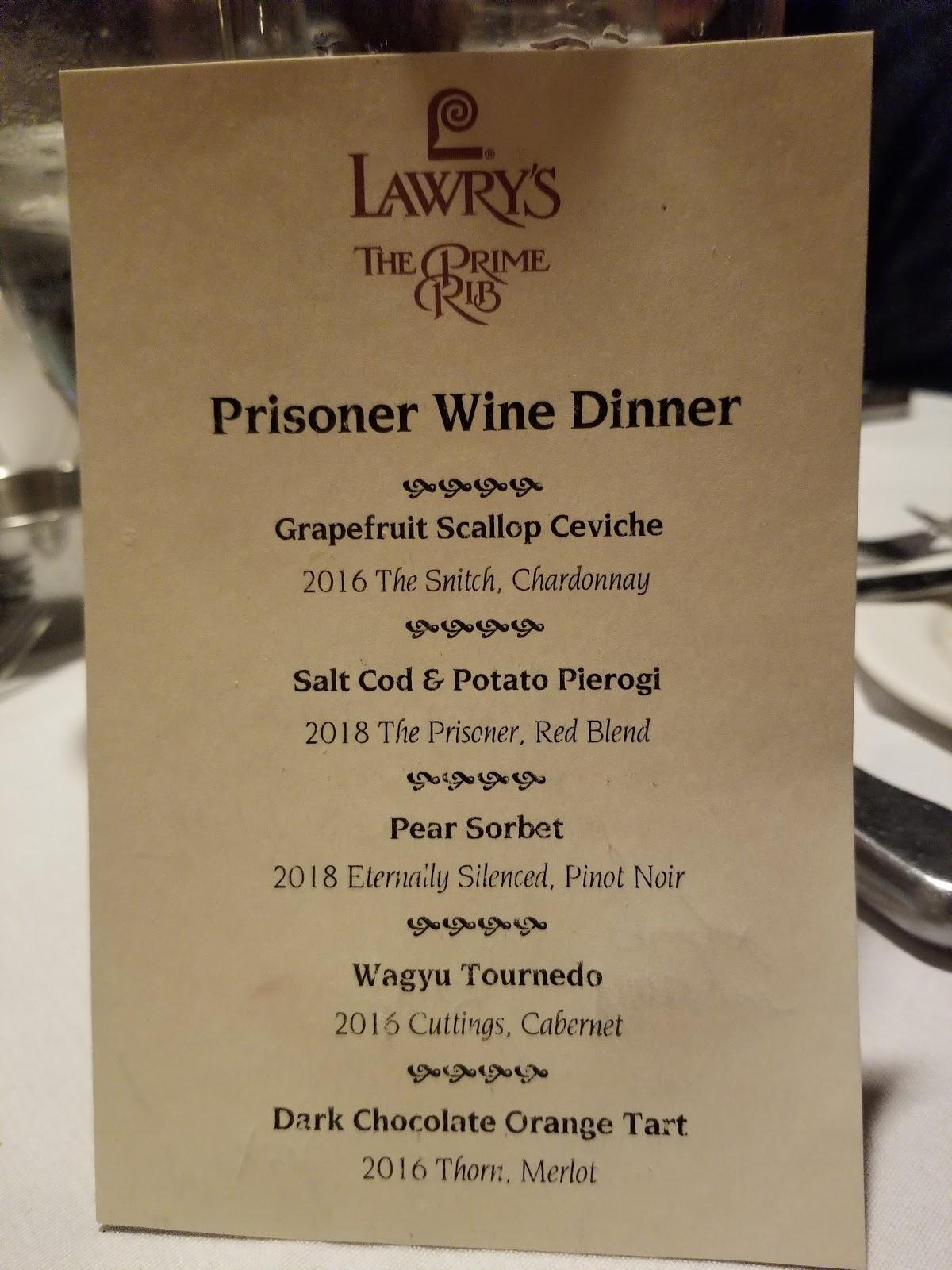 Menu at Lawry's The Prime Rib steakhouse, Dallas