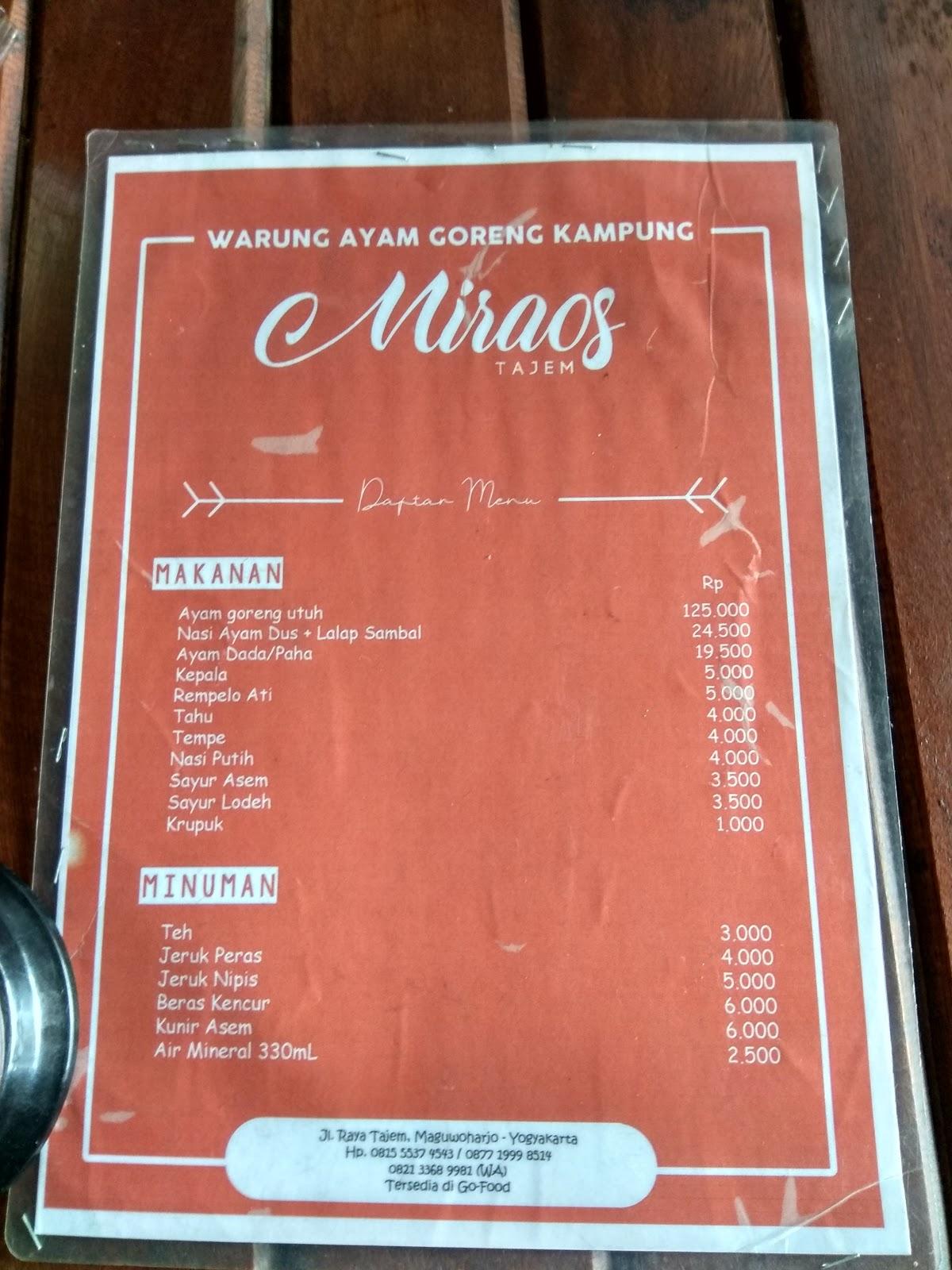 Menu at Miraos Asli Ayam Kampung restaurant, Maguwoharjo