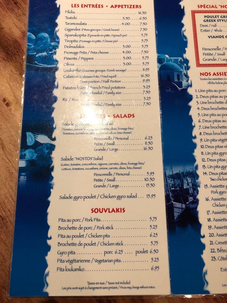 Menu at Nostos restaurant, Montréal, Bd de l'Acadie