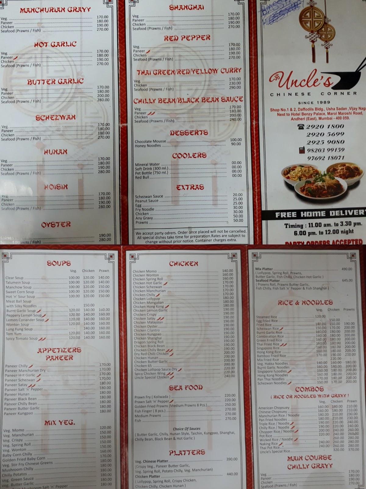 Menu at Om Uncle's Chinese Corner, Mumbai, Shop No 1&2
