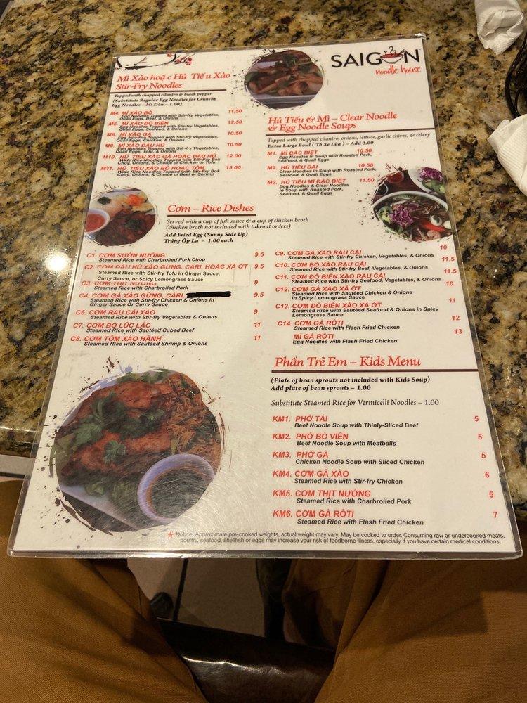 Menu at Saigon Noodle House restaurant, Birmingham, US-280 #108