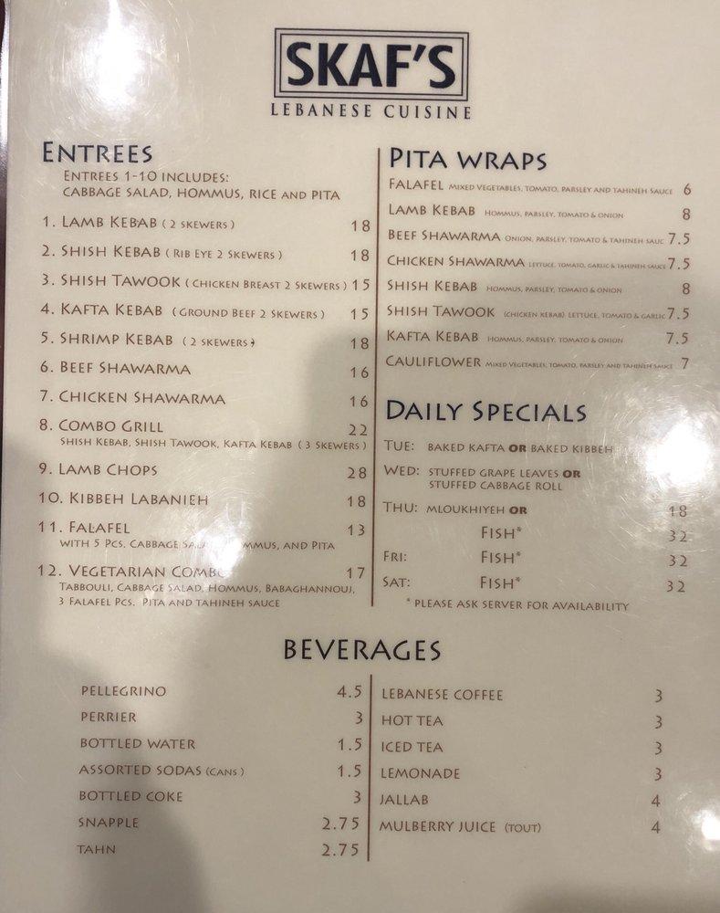 Menu at Skaf's Lebanese Cuisine restaurant, Glendale, 367 N Chevy Chase Dr