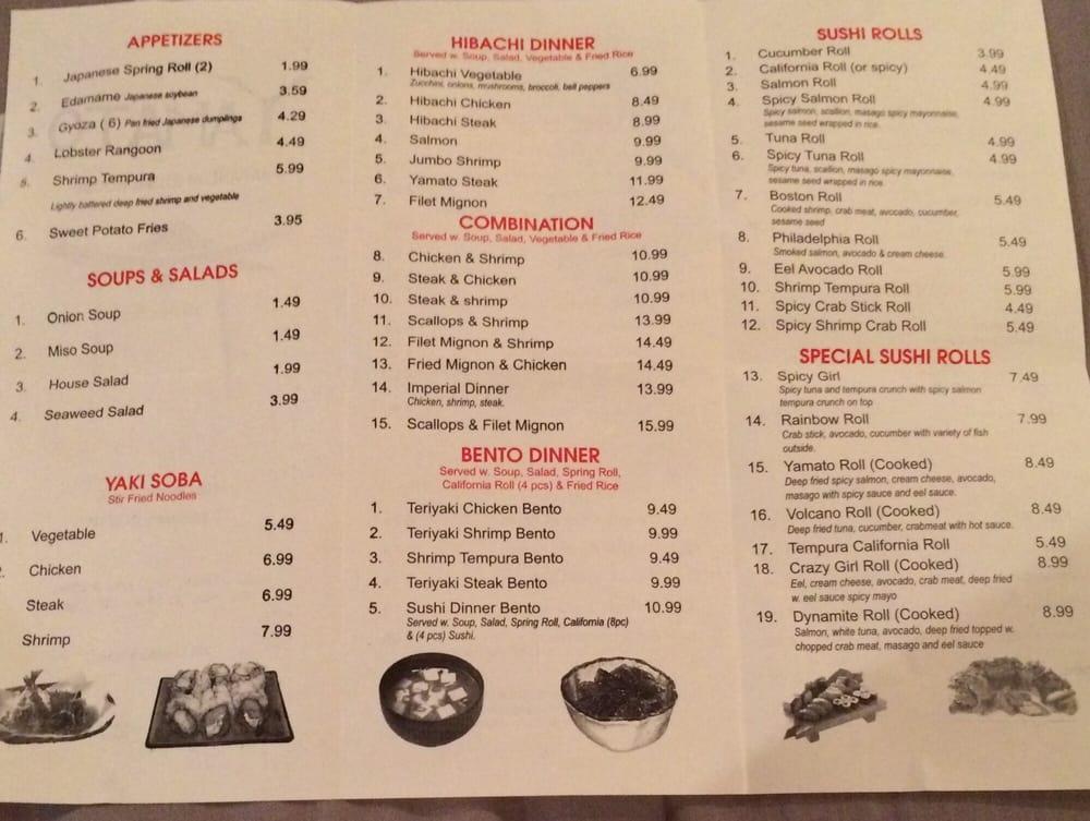Menu at Yamato restaurant, Charlestown